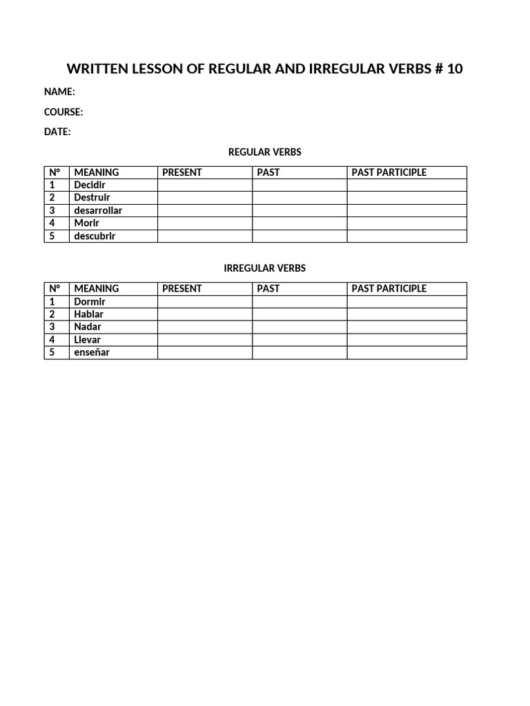 Written Lesson of Regular and Irregular Verbs | PDF