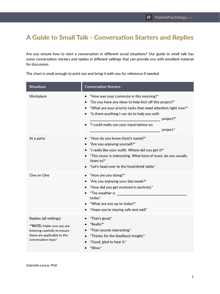 A Guide To Small Talk Conversation Starters and Replies | PDF ...