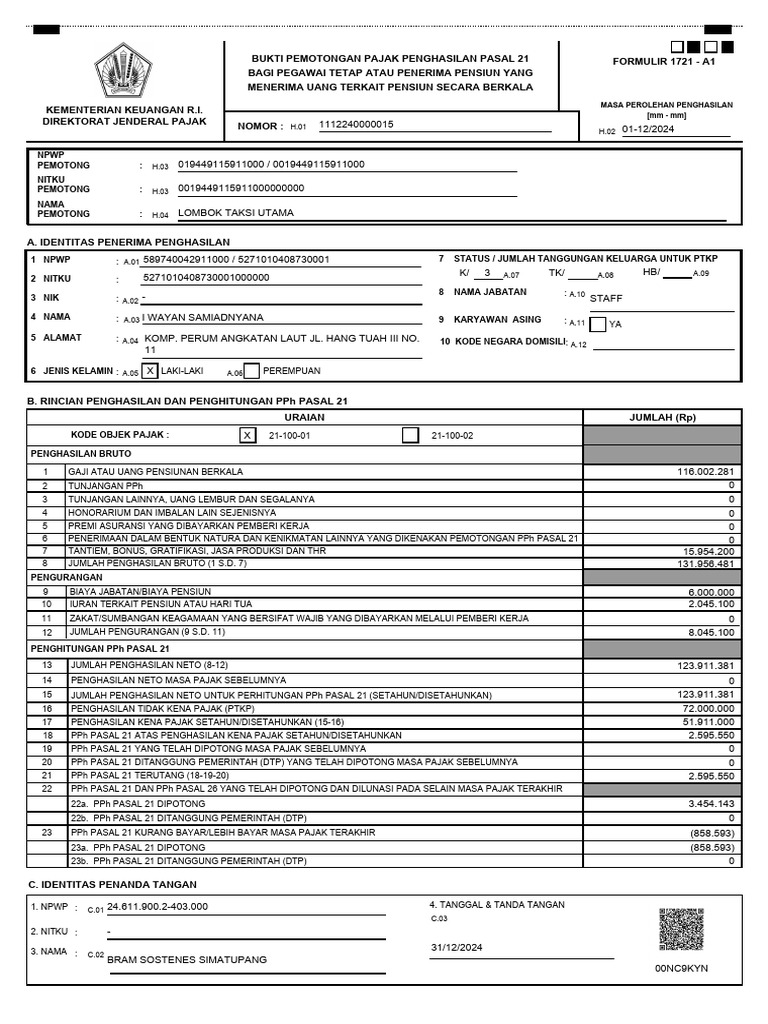 Bukti Pemotongan PPh 21 Pensiun | PDF