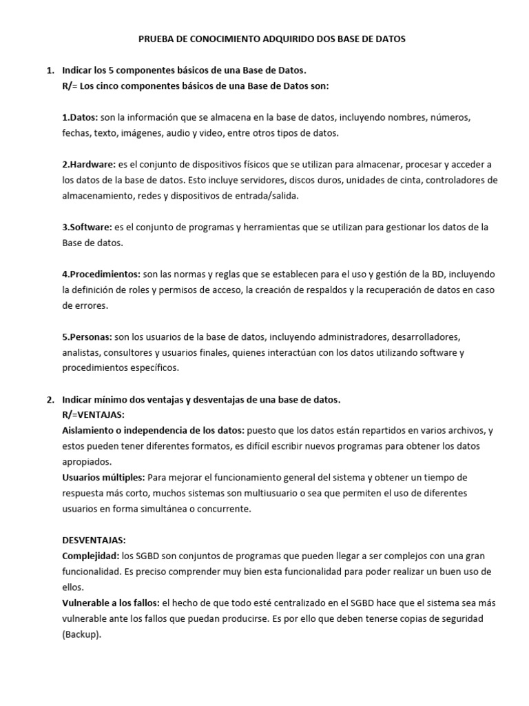 Prueba de Conocimiento Adquirido Dos Base de Datos | PDF | Bases de ...
