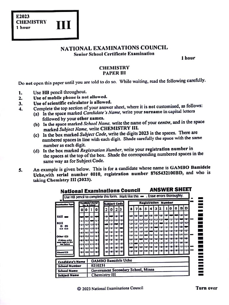 2023 NECO GCE Chemistry Objective Questions (1 To 60) | PDF