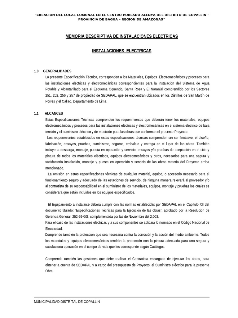 MEMORIA DESCRIPTIVA ELECTRICAS (1) | PDF | Conductor electrico | Aislador (Electricidad)