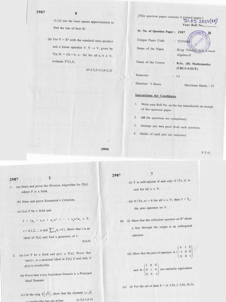 Ring Theory and Linear Algebra II Exam | PDF | Basis (Linear Algebra ...