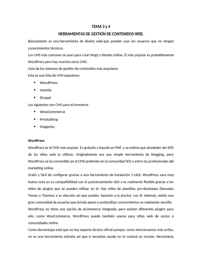Tema 3 Y 4 Herramientas de Gestión de Contenidos Web.: Wordpress Joomla Drupal Woocommerce ...
