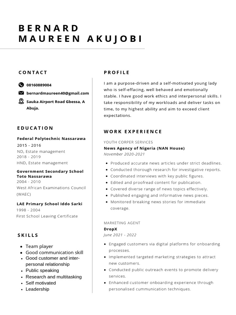 Bernard Maureen AKUJOBI Resume | PDF | Social Psychology | Communication
