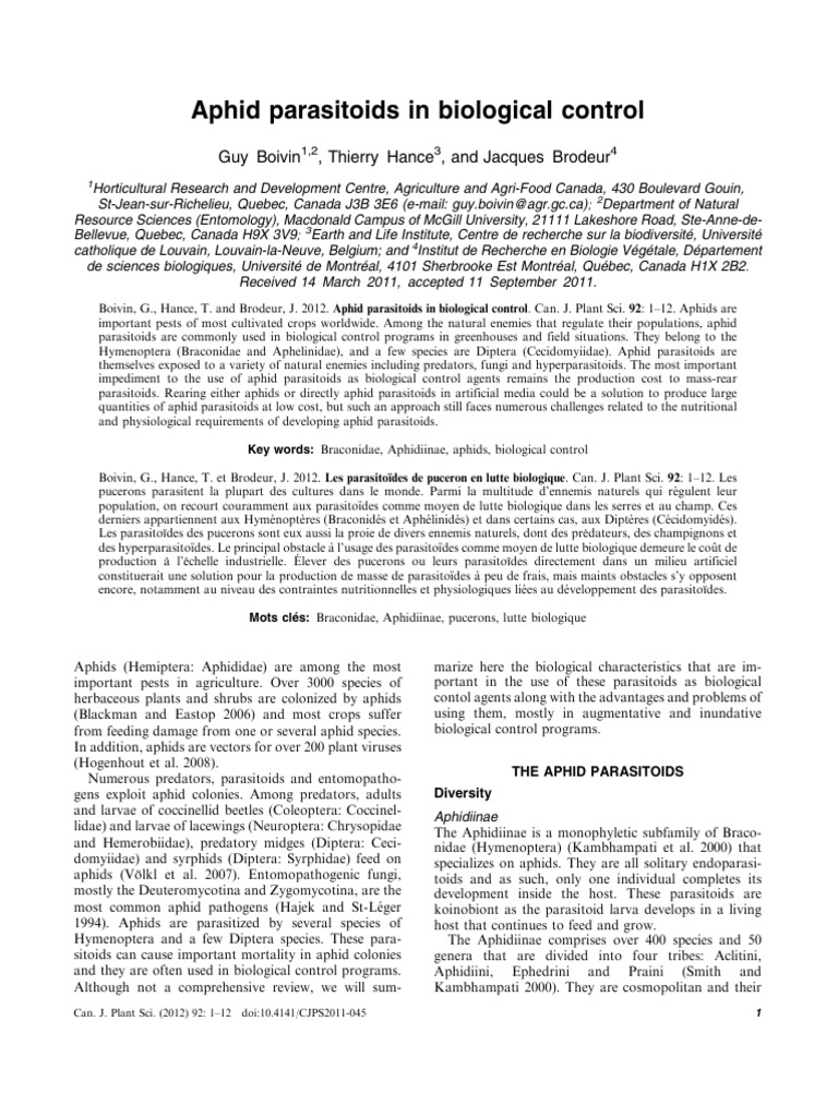 Boivin Et Al 2012 Aphid Parasitoids in Biological Control | PDF ...