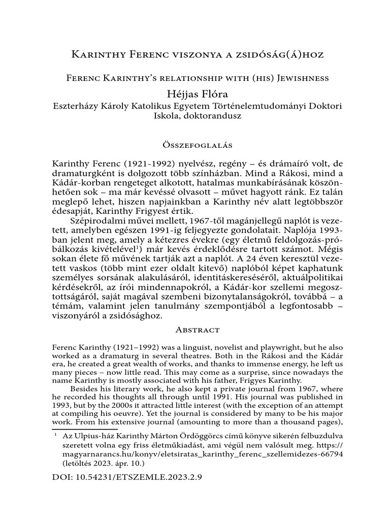 Karinthy Ferenc Viszonya A Zsidóság (Á) Hoz - Egyhaztorteneti - 2023 ...
