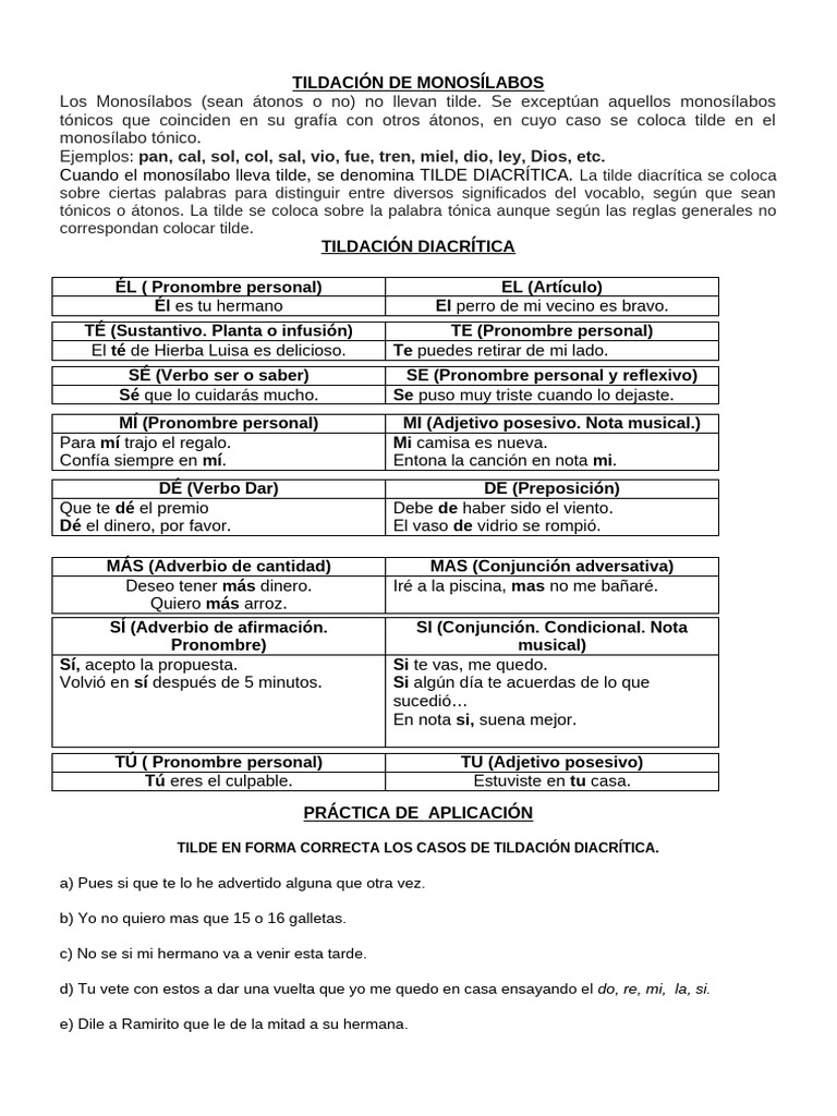 Tilde Diacrítica en Monosílabos y Más | PDF | Adverbio | Pronombre