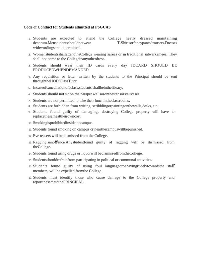 PSGCAS Student Code of Conduct | PDF