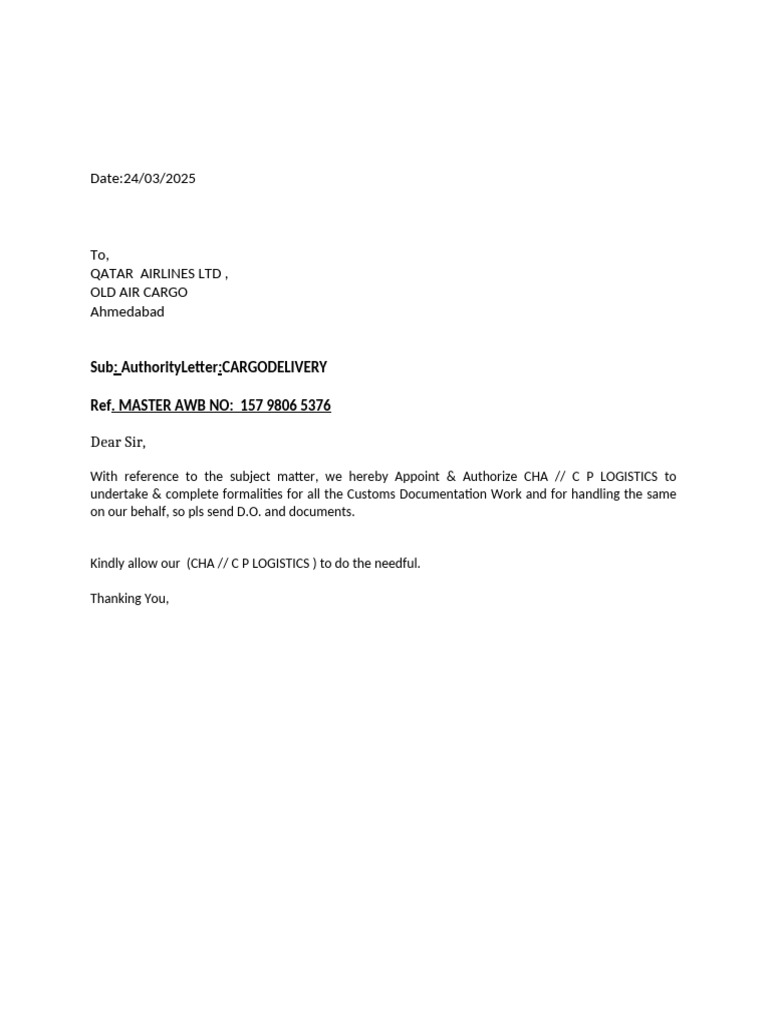 Authority Letter for Cargo Delivery | PDF