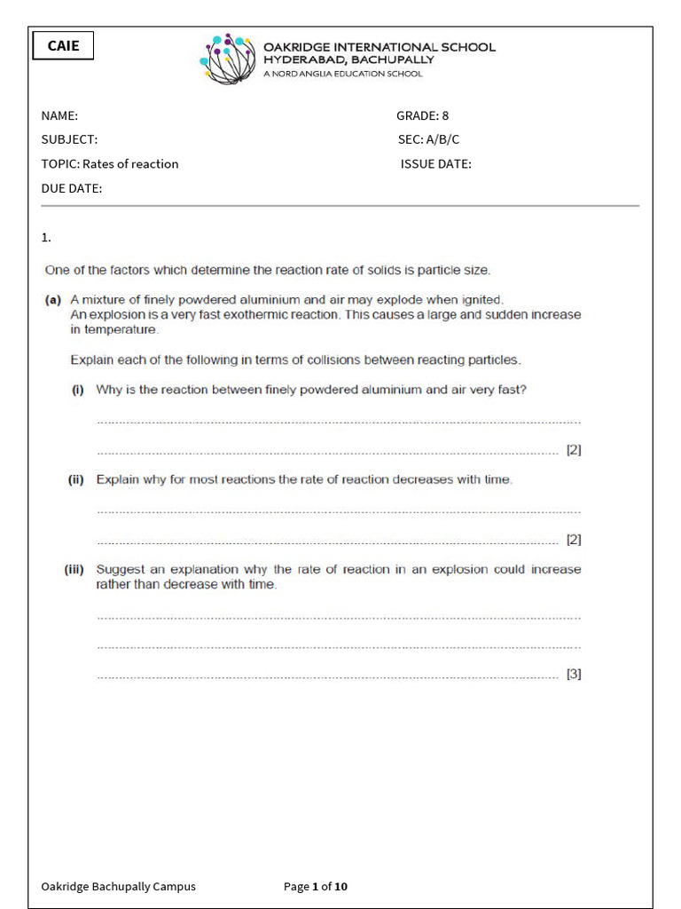 Grade 8 Rates of Reaction Worksheet | PDF