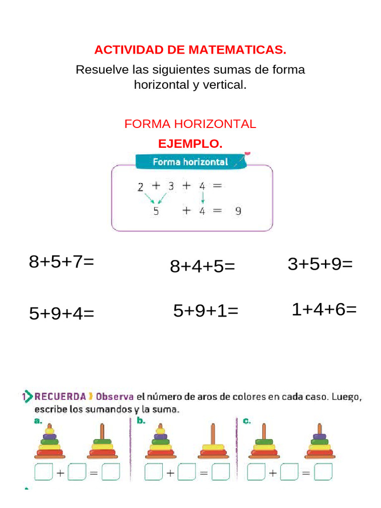 Sumas Horizontales y Verticales para Niños | PDF