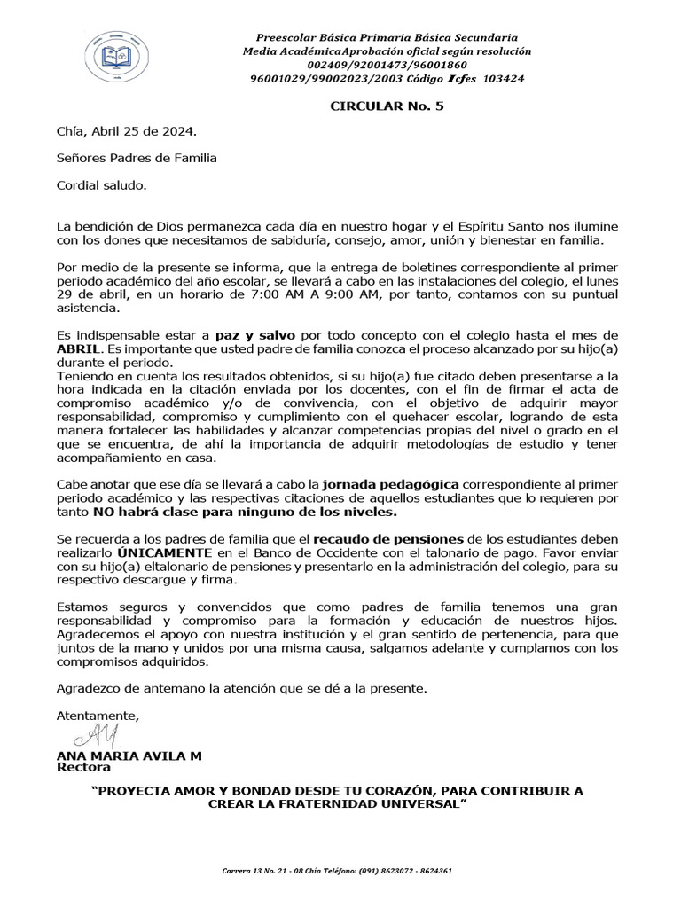 Circular+No.+5++ +boletines+1p+2024 | PDF