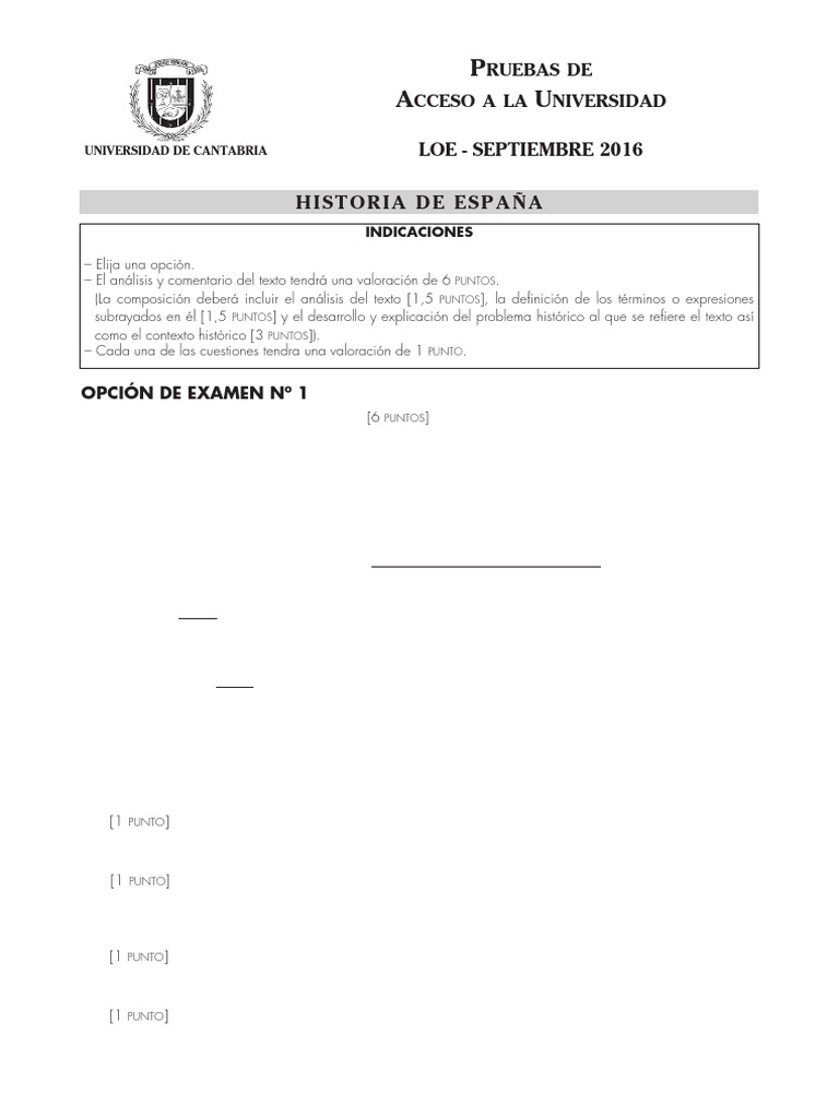Examen Historia de España de Cantabria (Extraordinaria de 2016) | PDF ...