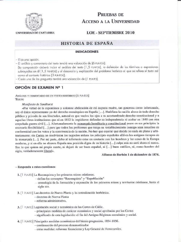 Examen de Historia de España 2010 | PDF | España | Ciencias Políticas