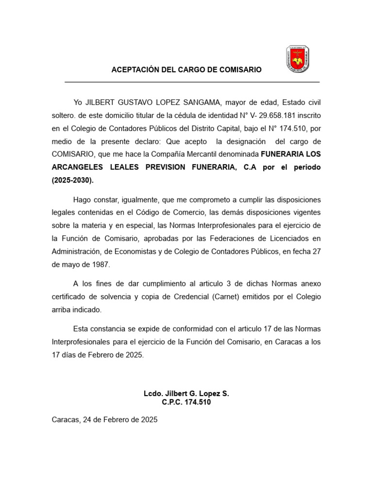 ACEPTACIÓN DEL CARGO DE COMISARIO FUNERARIA - Docx - Documentos de Google | PDF