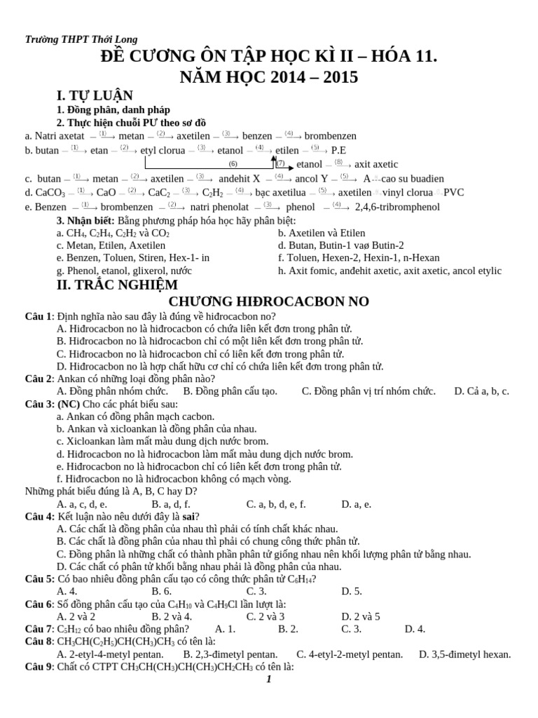 9992 1428650348 ĐỀ CƯƠNG ÔN TẬP HÓA 11 HKII (2014 - 2015) | PDF