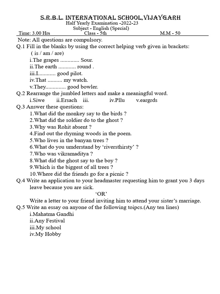 Class 5th English (Special) | PDF