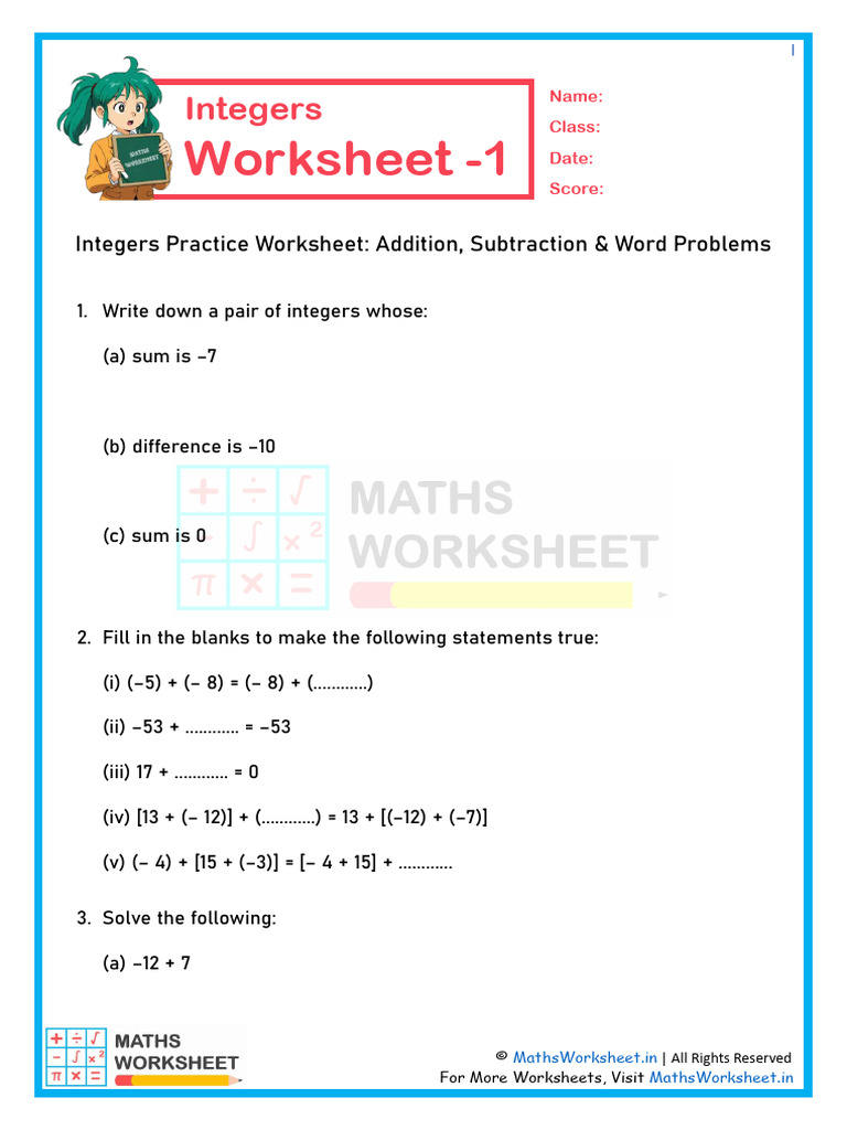 Class 7 Integers Worksheet - Basic Operations With Integers (Free PDF ...