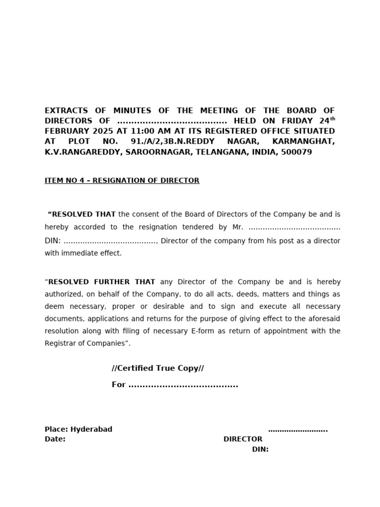 Board Meeting Minutes: Director Resignation | PDF