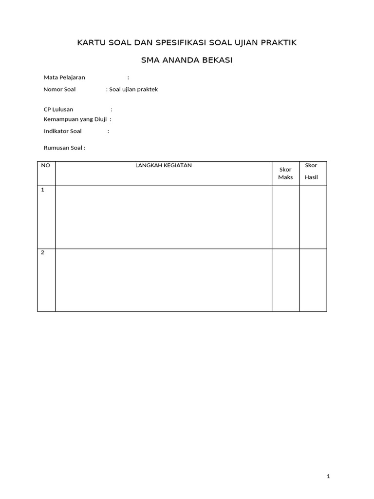 Format Kartu Soal Dan Spesifikasi Soal Ujian Praktik | PDF