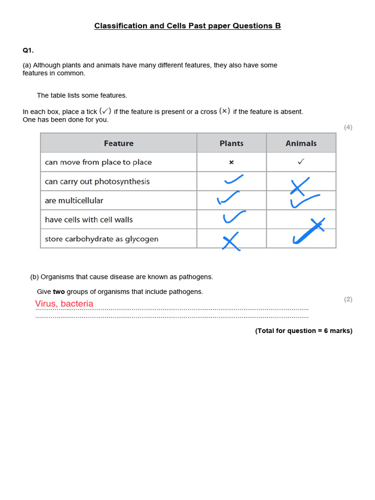 Classification and Cells Past Paper Questions B | PDF