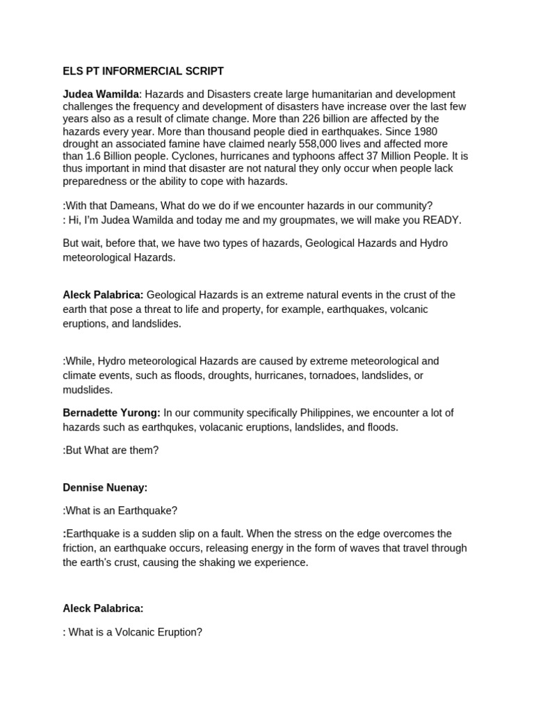 Els PT Informercial Script | PDF | Natural Disasters | Earthquakes