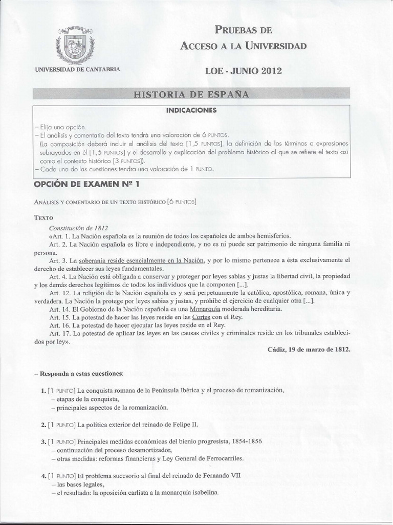 Examen Historia de España de Cantabria (Ordinaria de 2012) | PDF ...