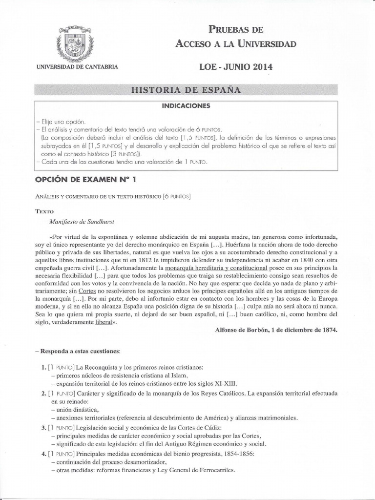 Examen Historia de España de Cantabria (Ordinaria de 2014) | PDF ...