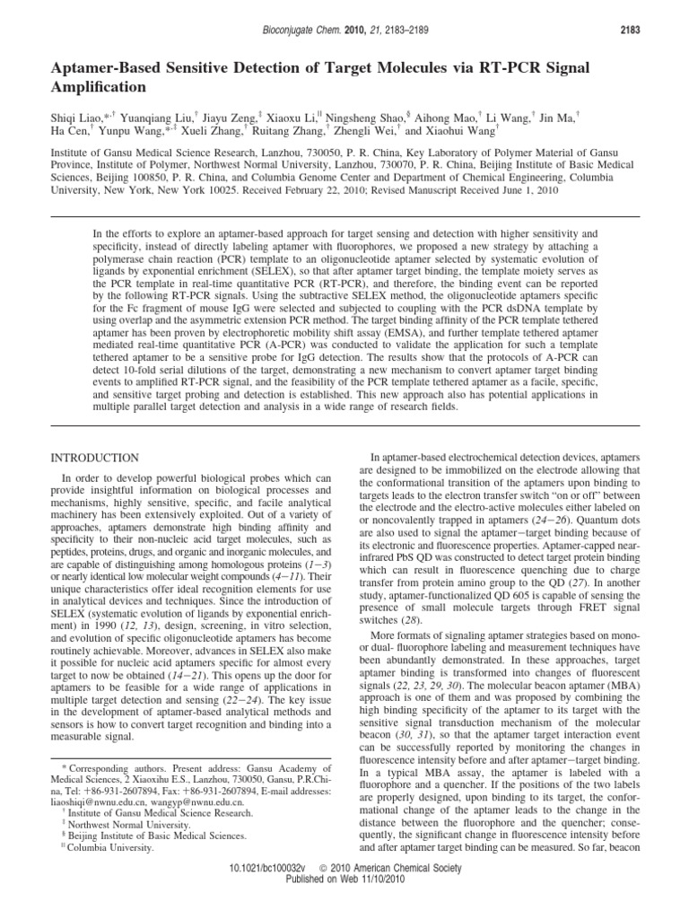 Apartmer Based Sensitive Detection of Target Molecules via RT- PCR ...