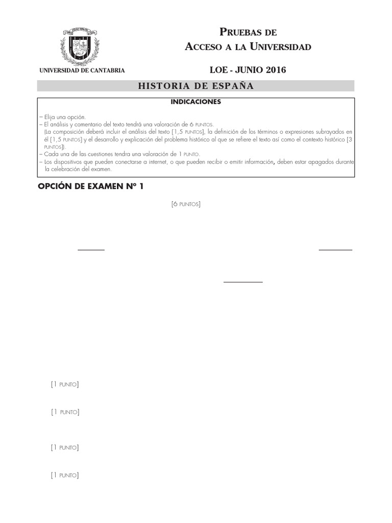 Examen Historia de España de Cantabria (Ordinaria de 2016) | PDF ...