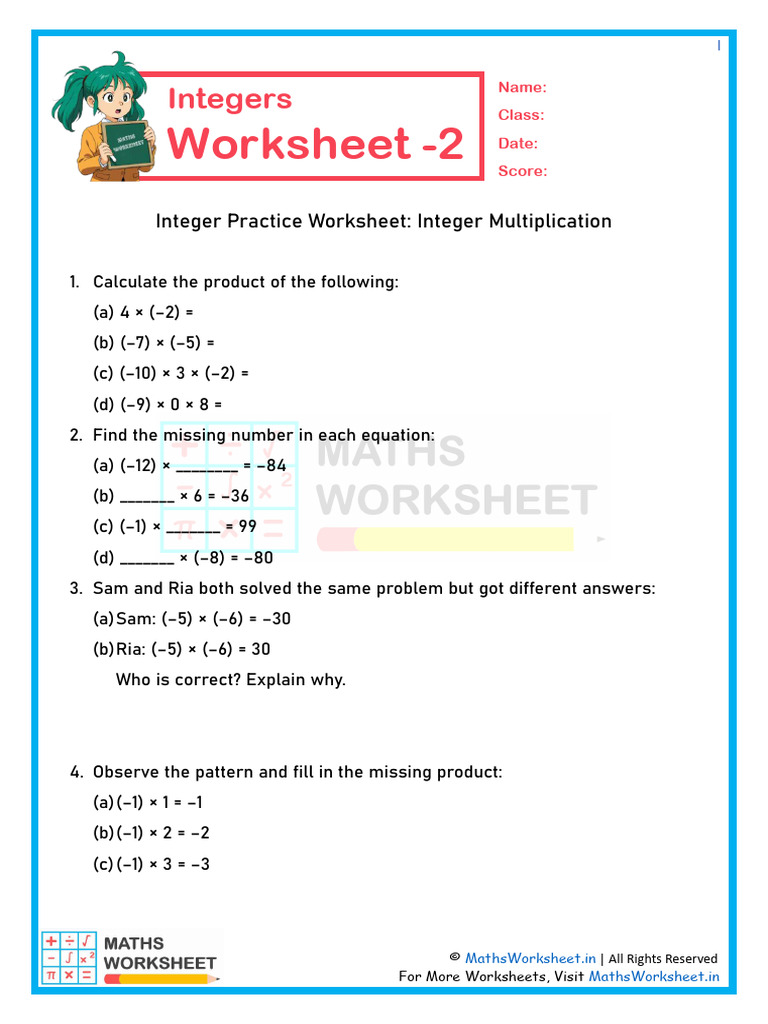 Class 7 Integer Multiplication Worksheet | PDF | Numbers | Multiplication