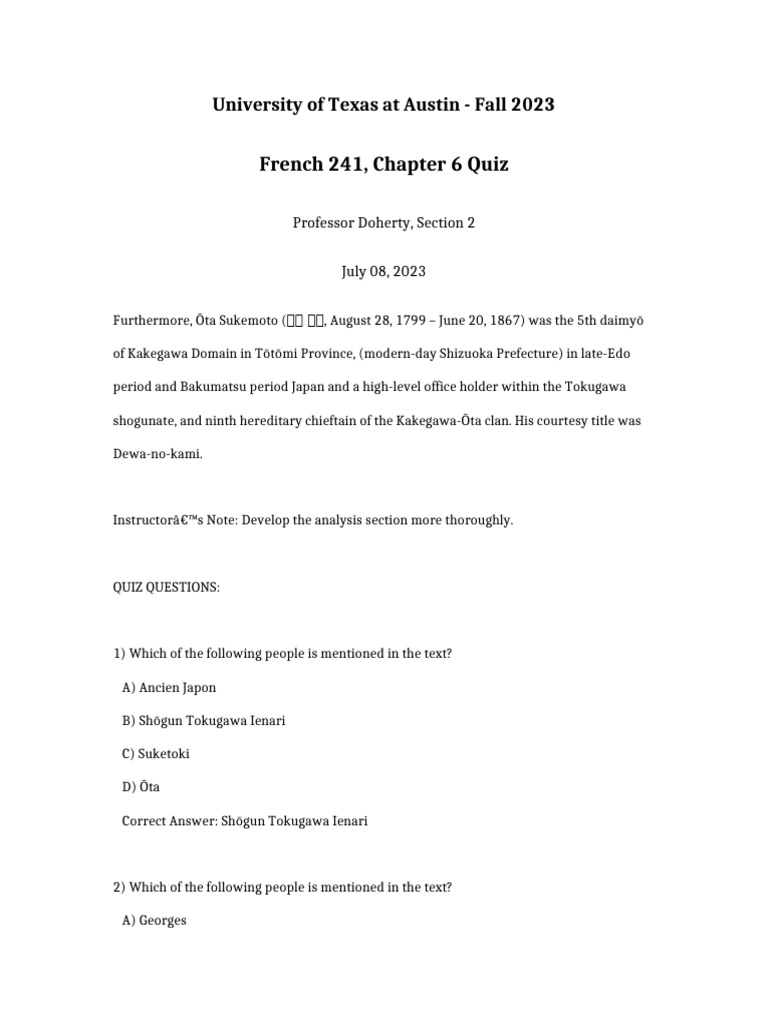 French 241 Chapter 6 Quiz | PDF