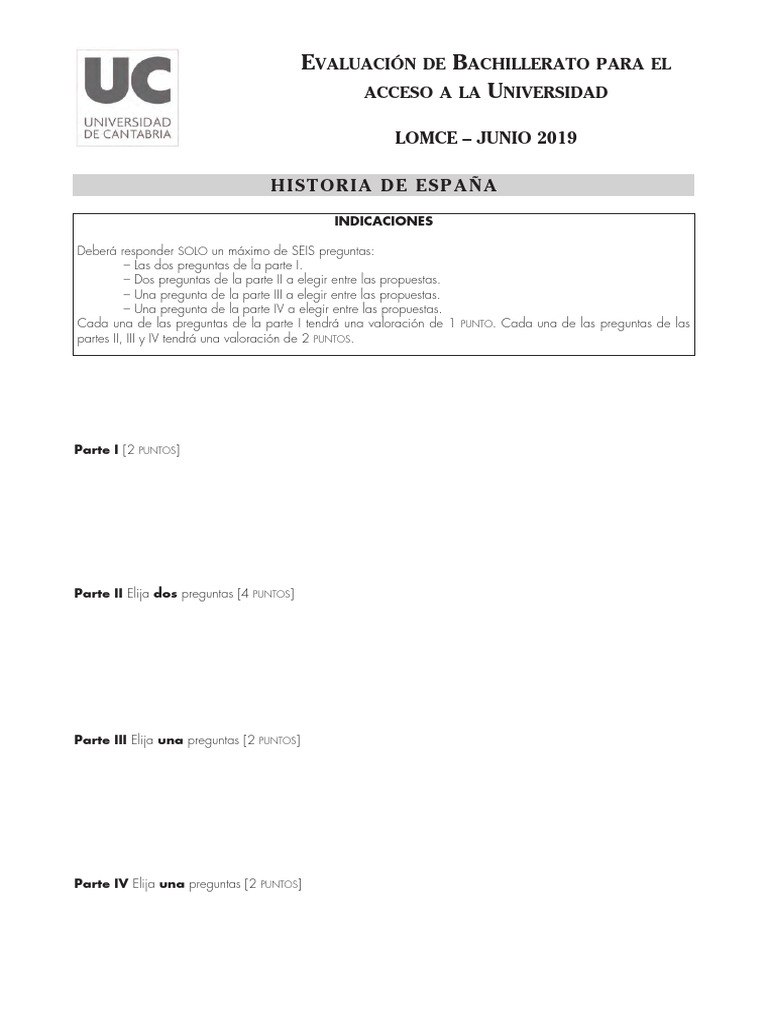 Examen Historia de España de Cantabria (Ordinaria de 2019) | PDF