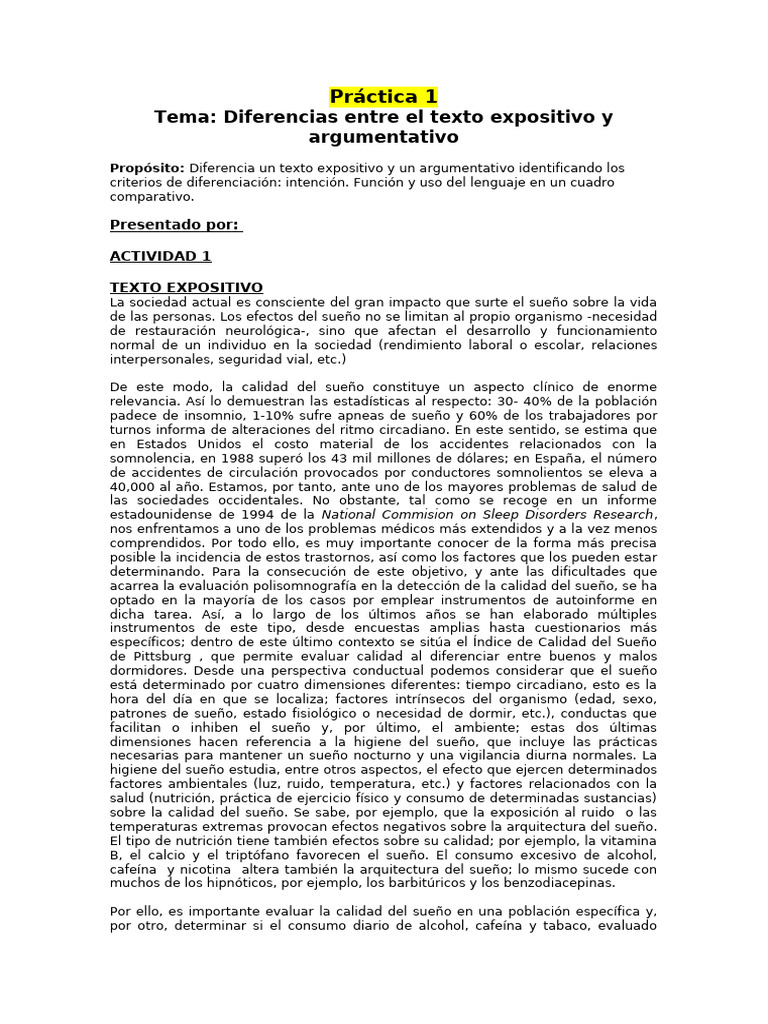 PR Ctica 01 Diferencias Textos Expositivo y Argumentativo 2025 | PDF | Dormir | Estrés (biología)