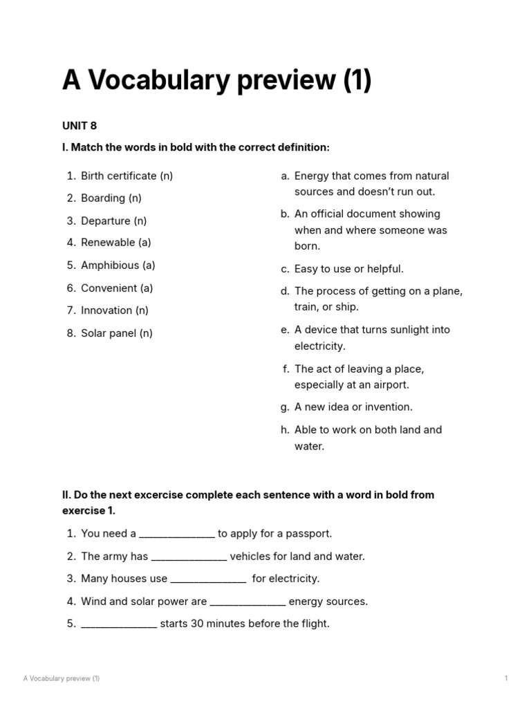 Vocabulary Matching Exercise Guide | PDF