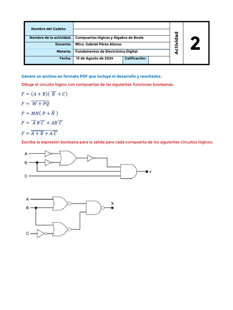 Actividad 2 - Compuertas logicas y Algebra de Boole | PDF