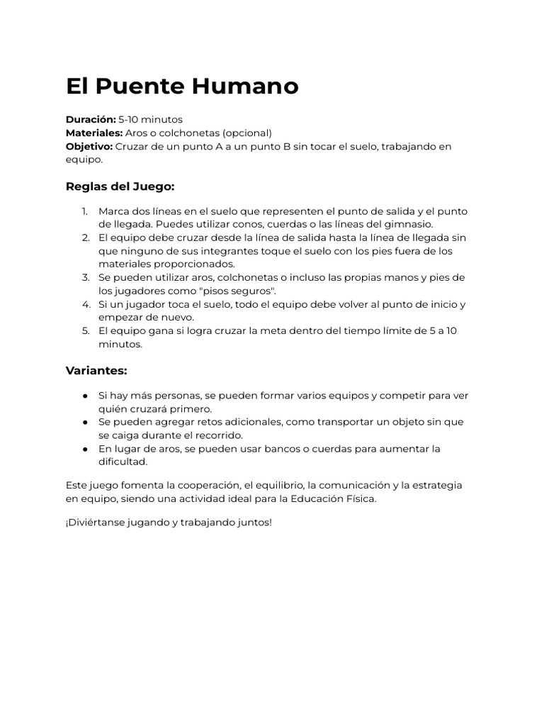 Juego Cooperativo - El Puente Humano | PDF