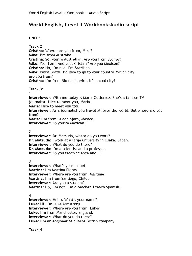 World English 1 Audio Scripts | PDF | Stephen Hawking | Foods