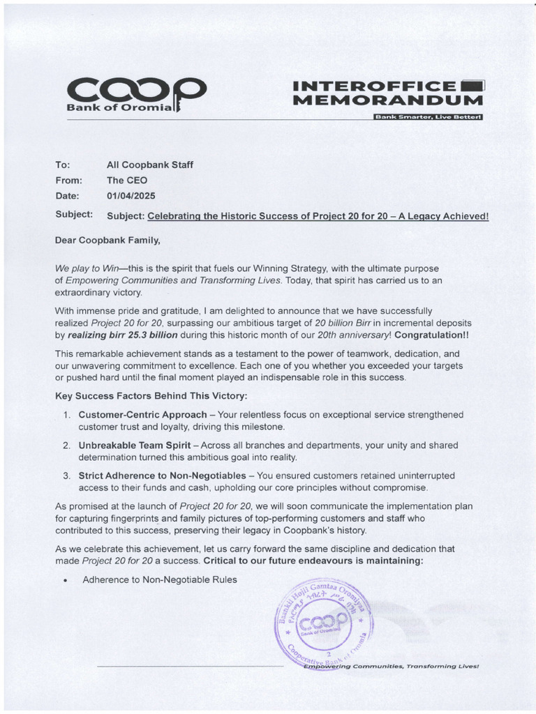 Ceo Congratulation Letter On Project 20 For 20 | PDF | Disciplines | Business