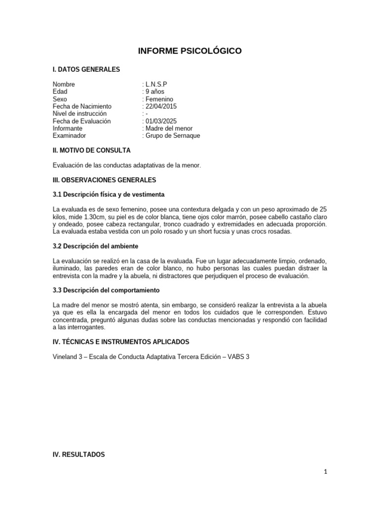 Modelo de Informe Final Vineland 3 - Vabs 3 | PDF | Sicología ...