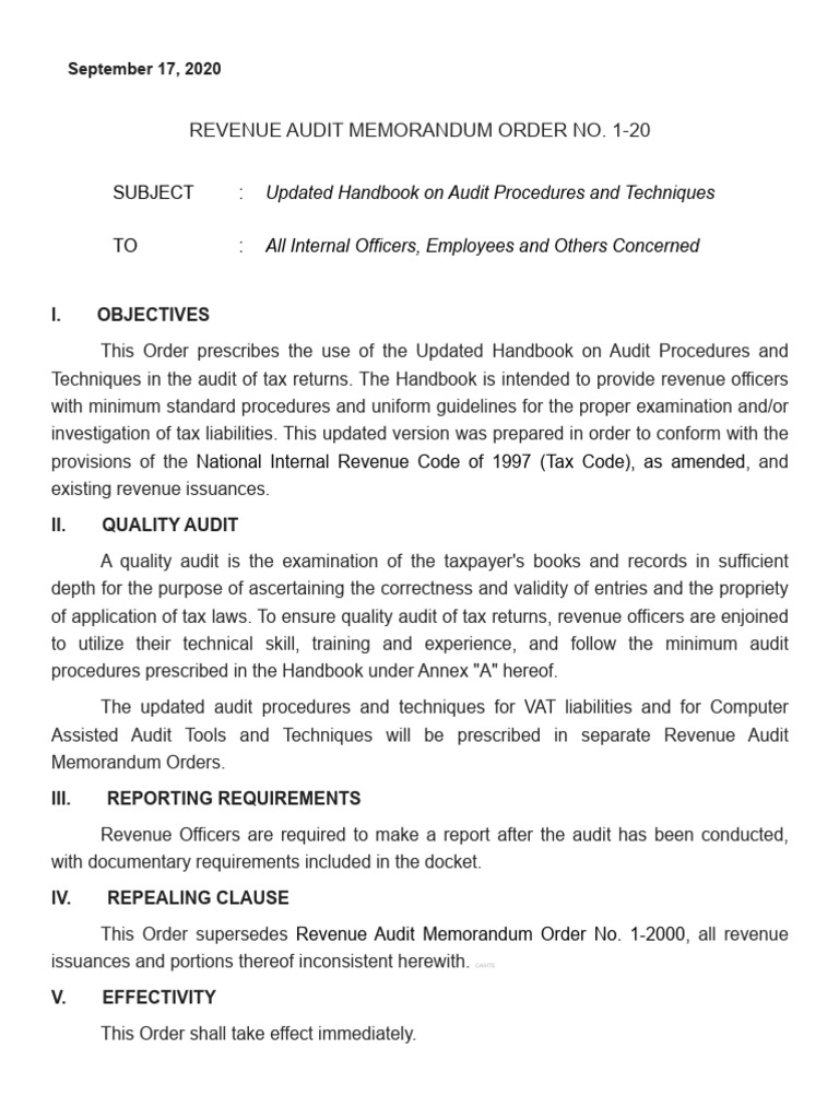 Revenue Audit Memorandum Order No. 1-20 - Updated Handbook On Audit ...
