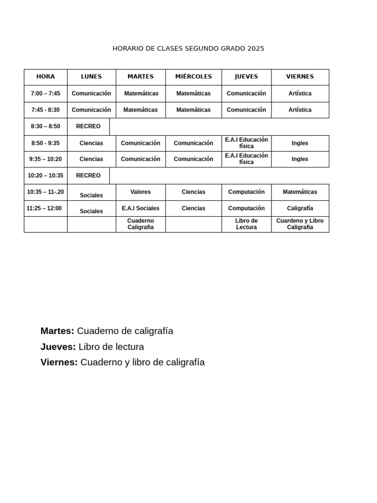 Horario de Clases Segundo Grado 2025 | PDF