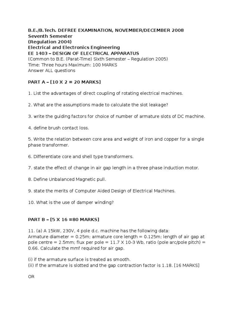 Ee 1403 - Design of Electrical Apparatus | PDF | Electric Motor ...