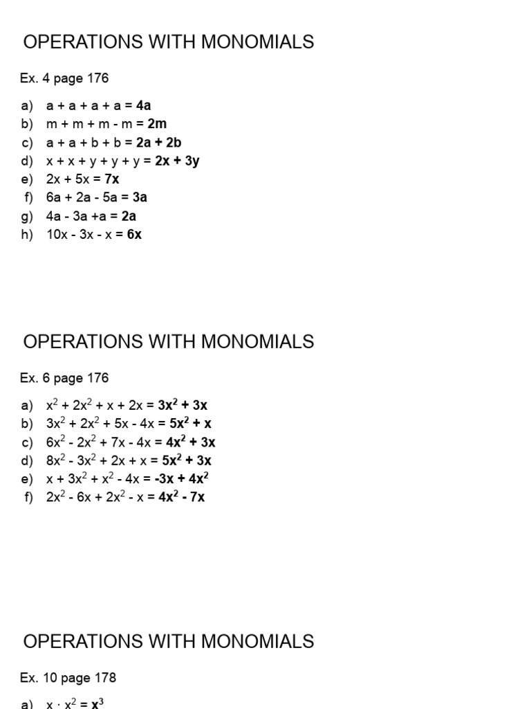 Exercises Operation With Monomials | PDF
