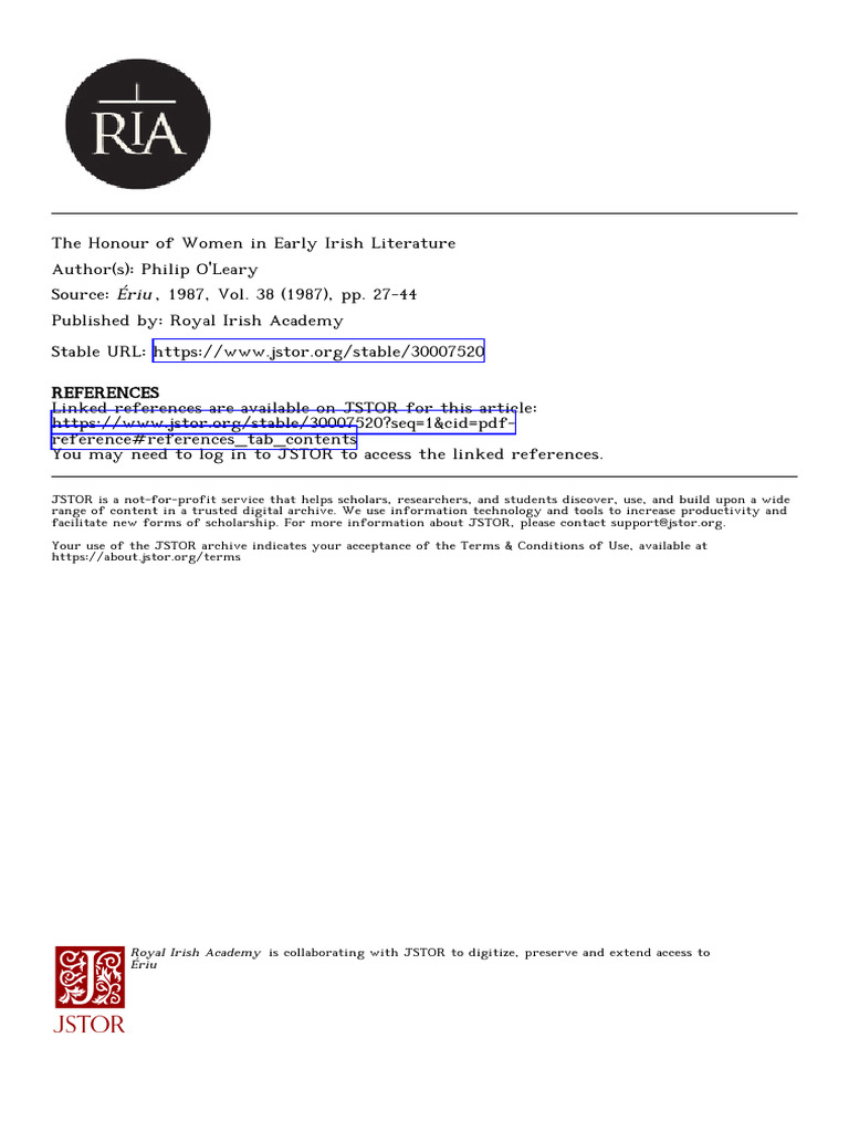 Women's Honor in Early Irish Literature | PDF | Early Irish Literature ...
