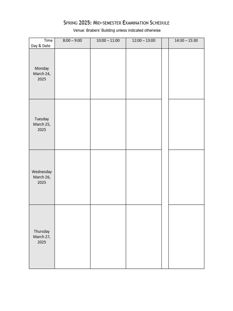 Midsemester Examination Schedule Spring 2025 | PDF