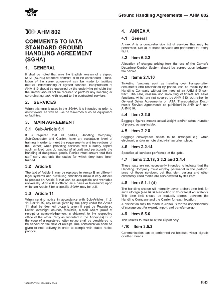 AHM802 Comments To IATA STD Ground Handling Agreement SGHA | PDF