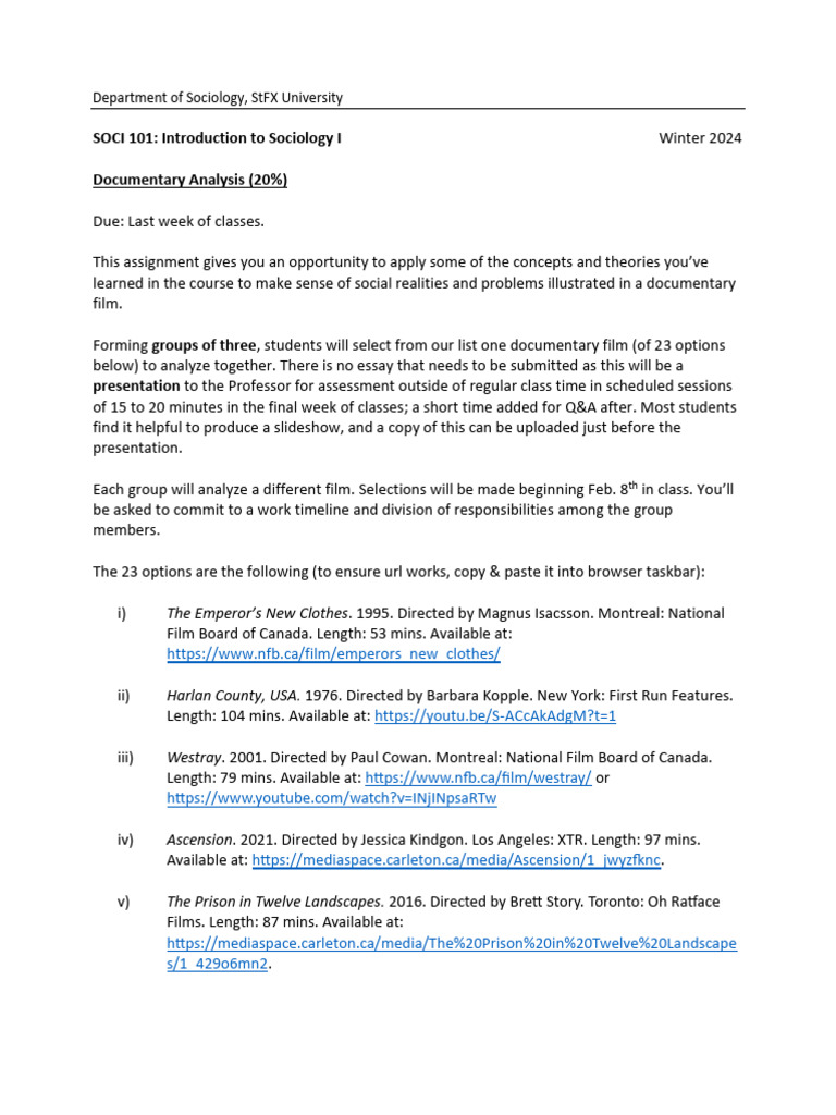 SOCI 101 Documentary Analysis Winter 2024 | PDF