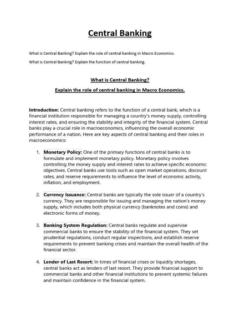 Role of Central Banking in Economics | PDF | Central Banks | Monetary ...